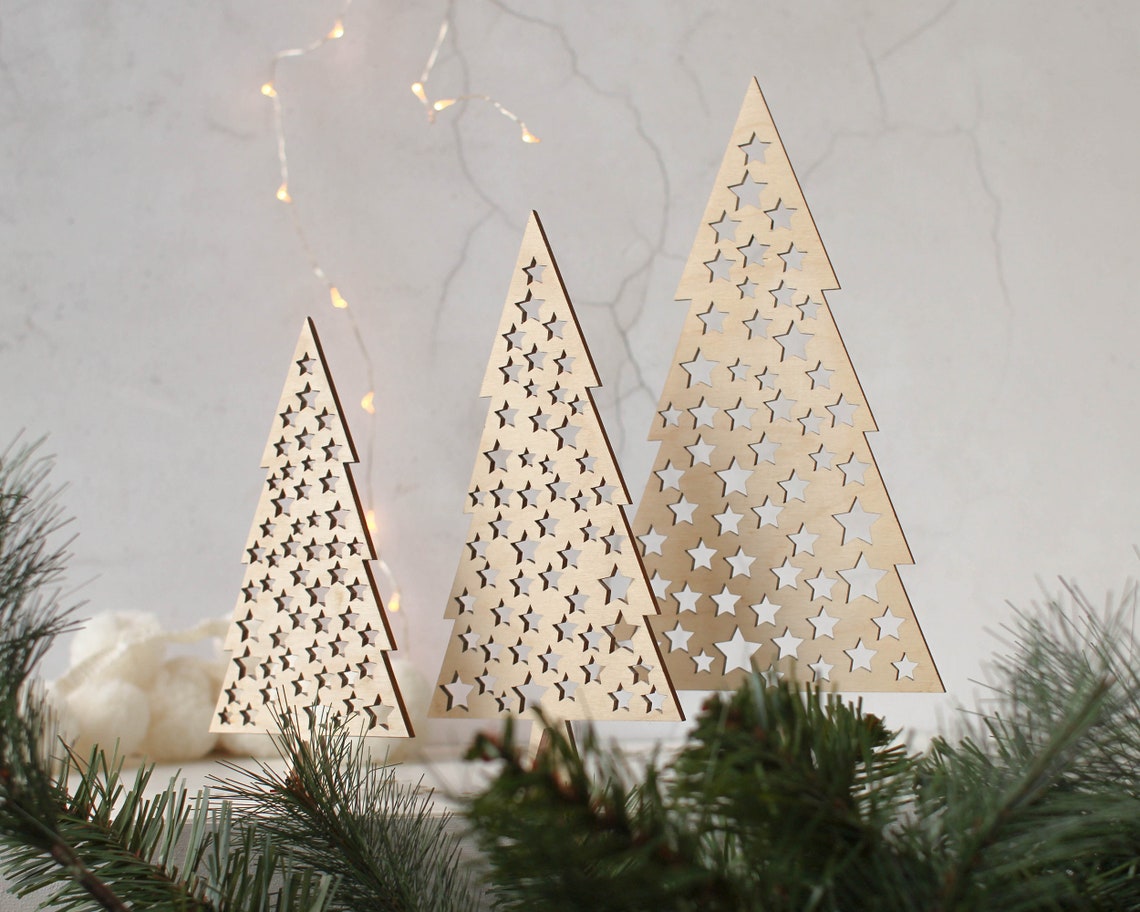 Christmas Tree Set Star Cutout Design Wooden Trees - Etsy UK