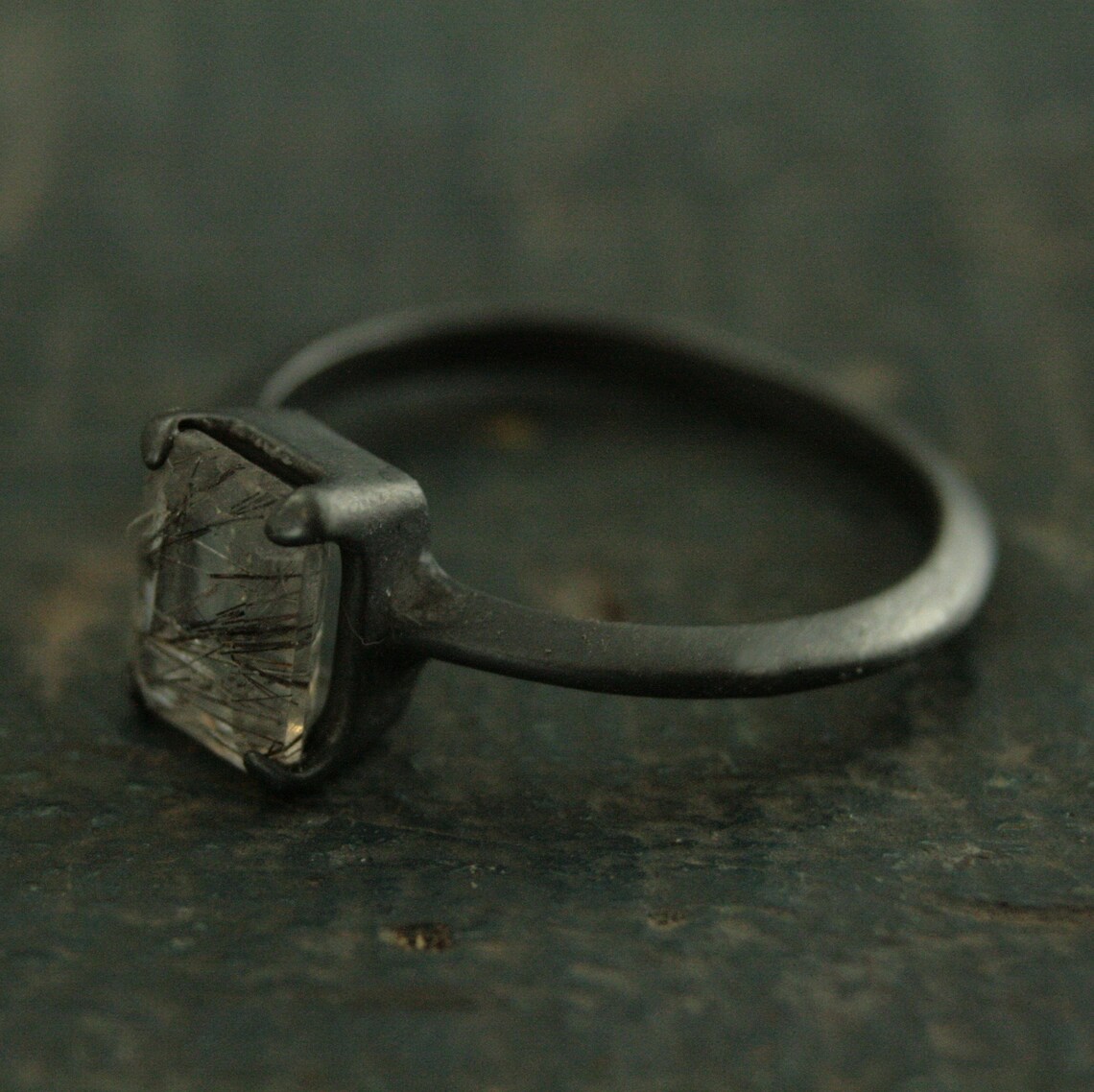 Black Tourmalinated Quartz Ring Emerald Cut Rutilated Quartz Modern ...