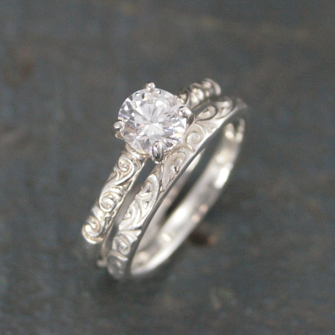 Silver Bridal Set Flourish Solitaire Cathedral Alice Swirl Design ...