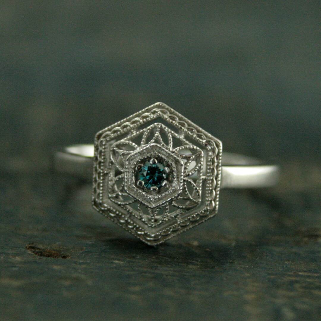 The Frozen Ring--white Gold Blue Diamond Art Deco Ring--teal Blue ...