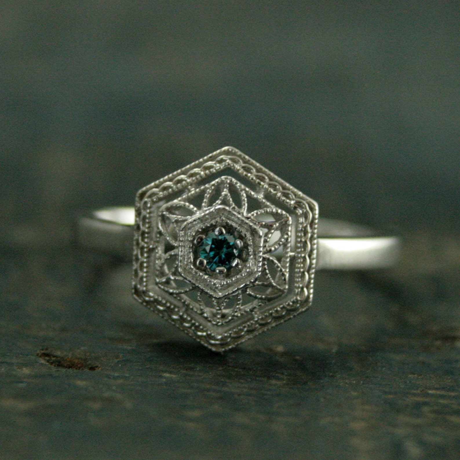 The Frozen Ringwhite Gold Blue Diamond Art Deco Ringteal | Etsy