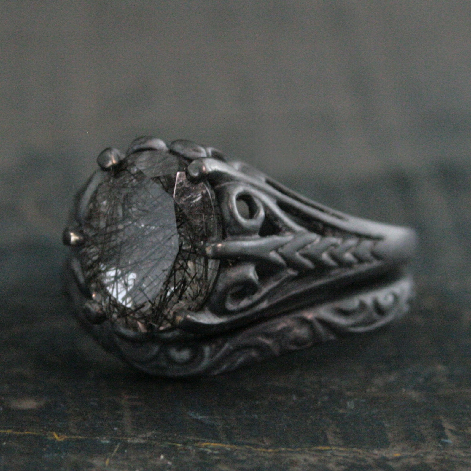 Black Tourmalinated Quartz Ring Black Rutilated Quartz Large 8x10 Oval ...