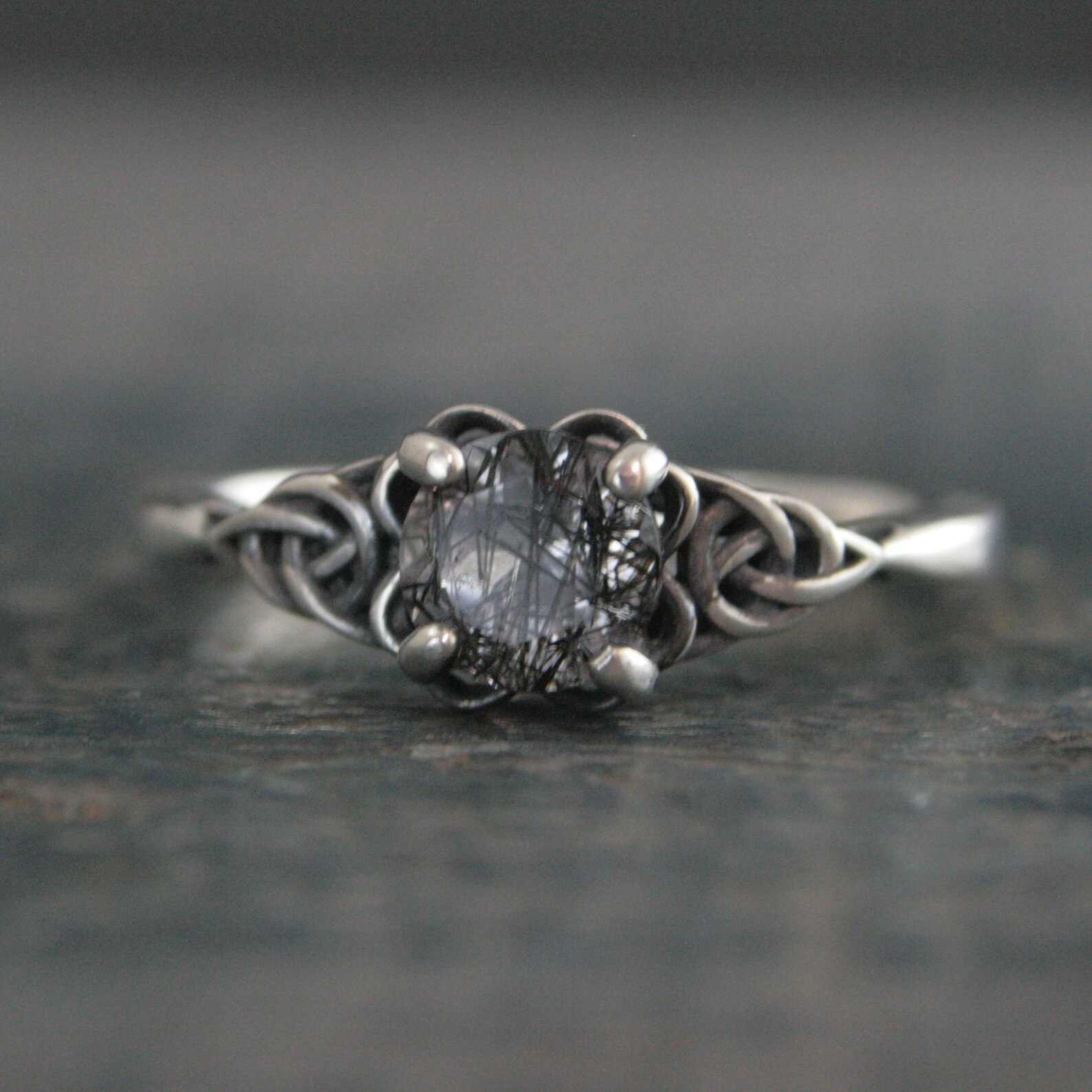 Black Tourmalinated Quartz Ring Celtic Ring Black Silver Ring - Etsy