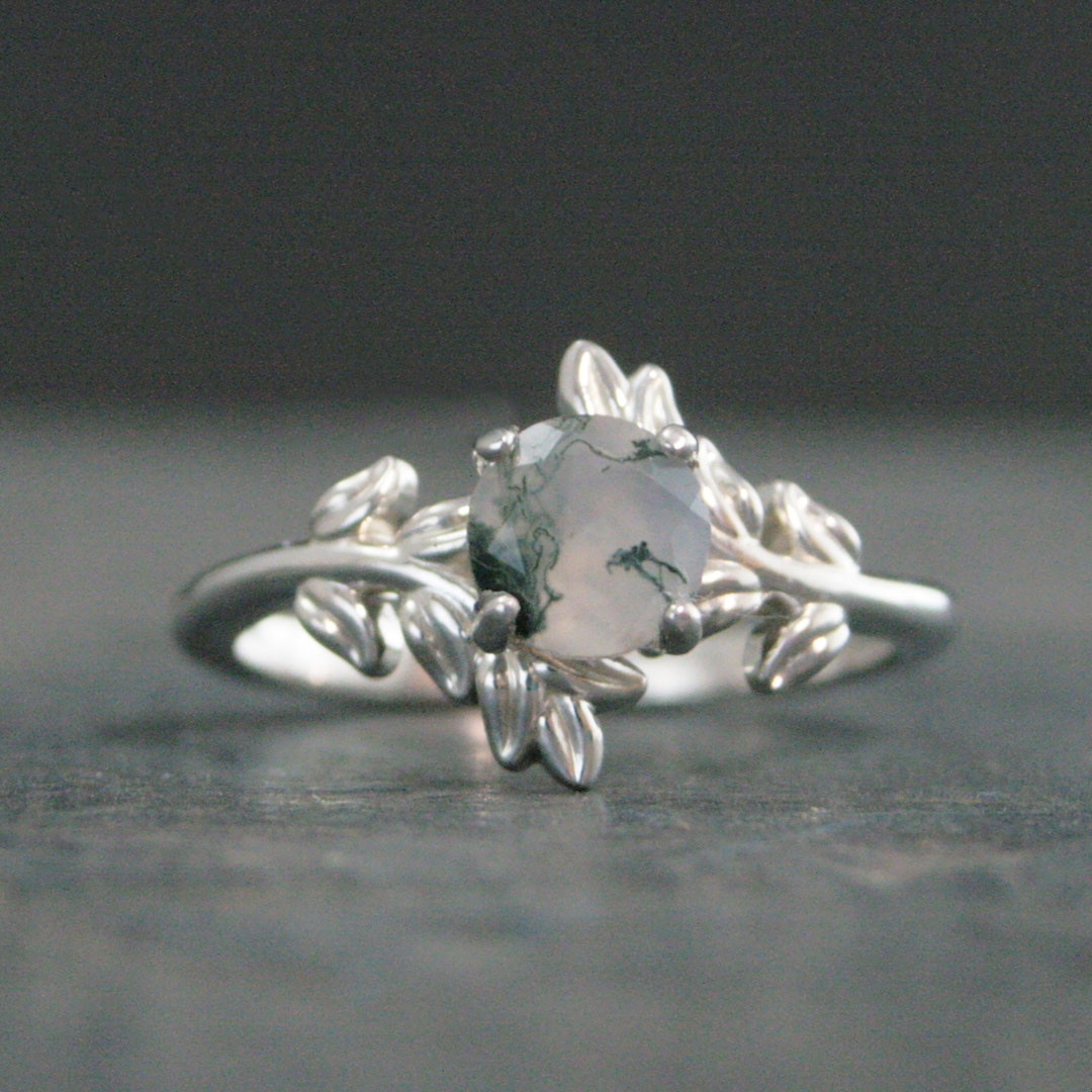 Moss Agate Fern Ring Sterling Silver 6mm Facetted Moss Agate Leaf Ring Vine Unique Elven Ring ...