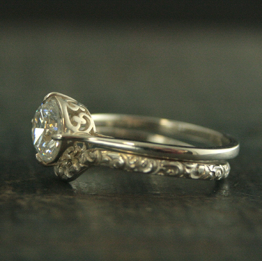 SALE Elegant Filigree Engagement Ring and Wedding Band Silver Bridal ...