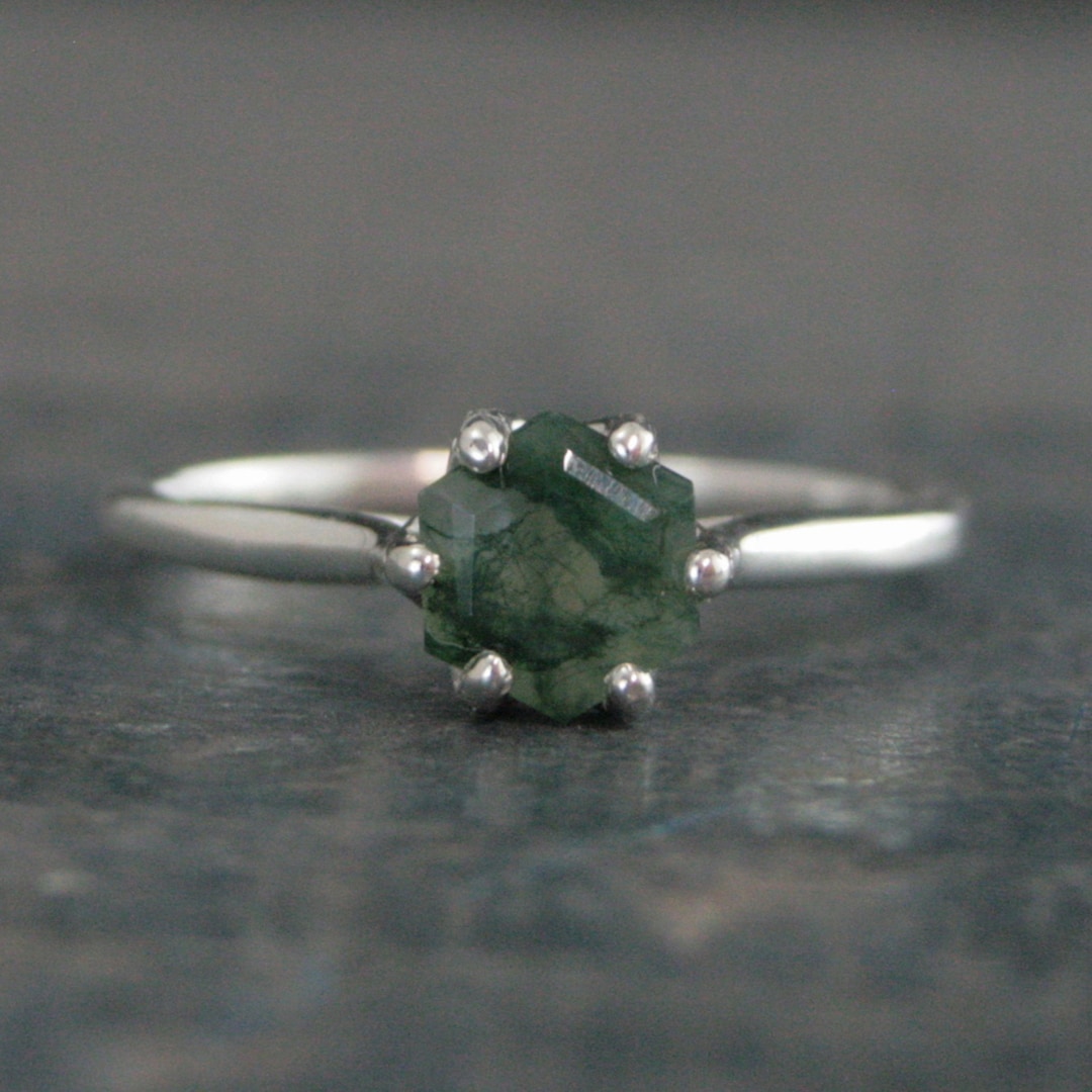 Hexagon Moss Agate Ring Hexagonal Stone Ring Cathedral Solitaire Silver ...