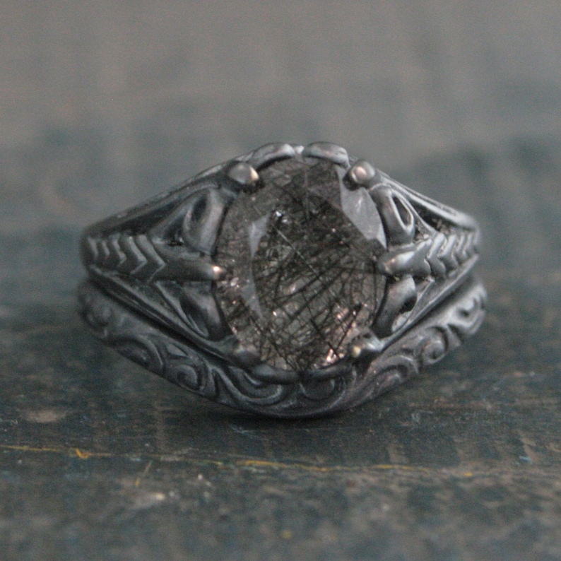 Black Tourmalinated Quartz Ring Black Rutilated Quartz Large 8x10 Oval ...