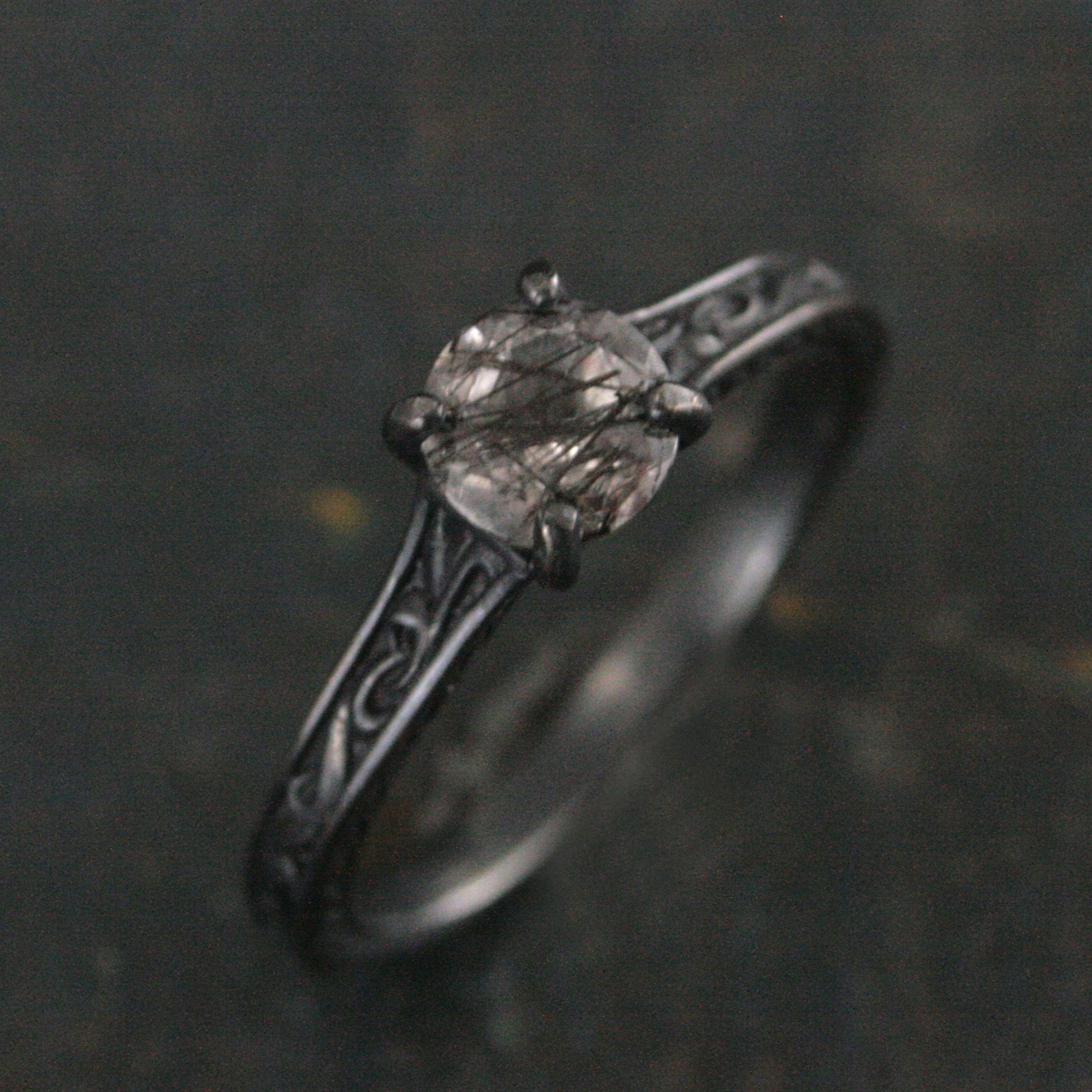 Black Rutilated Quartz Ring Gothic Vine Flourish Cathedral Oxidized ...