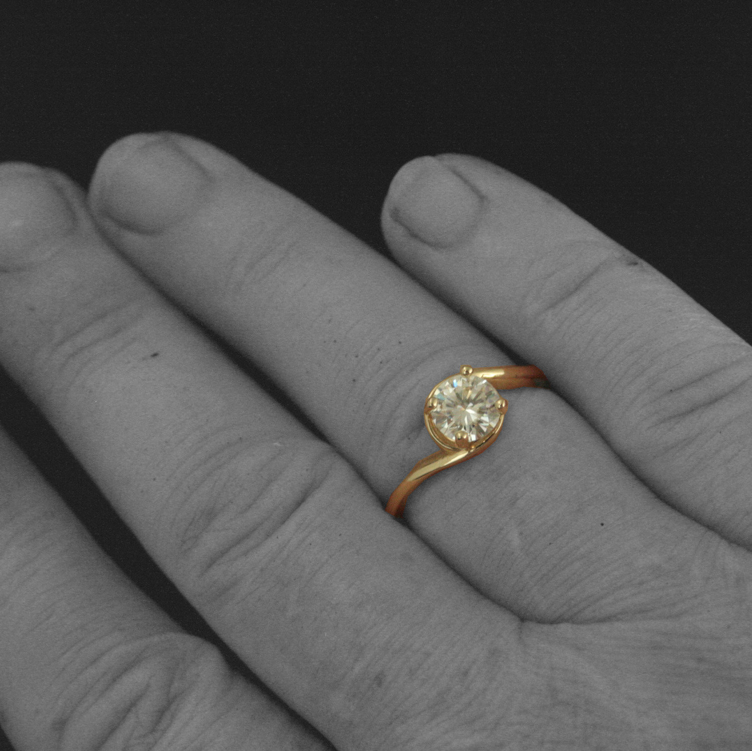 14K Gold Engagement Ring Wave Ring Gold Solitaire Ring Swirl Design ...