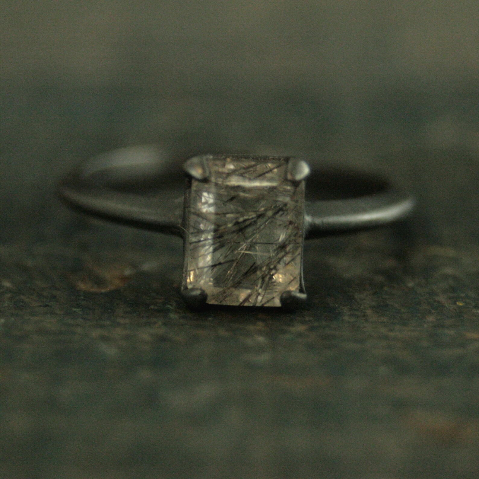 Black Tourmalinated Quartz Ring Emerald Cut Rutilated Quartz Modern ...