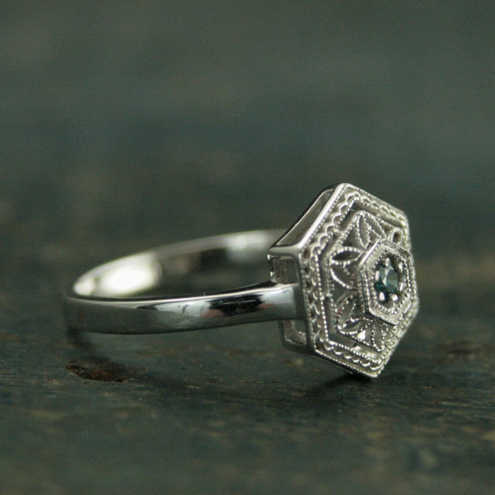 The Frozen Ring--white Gold Blue Diamond Art Deco Ring--teal Blue ...