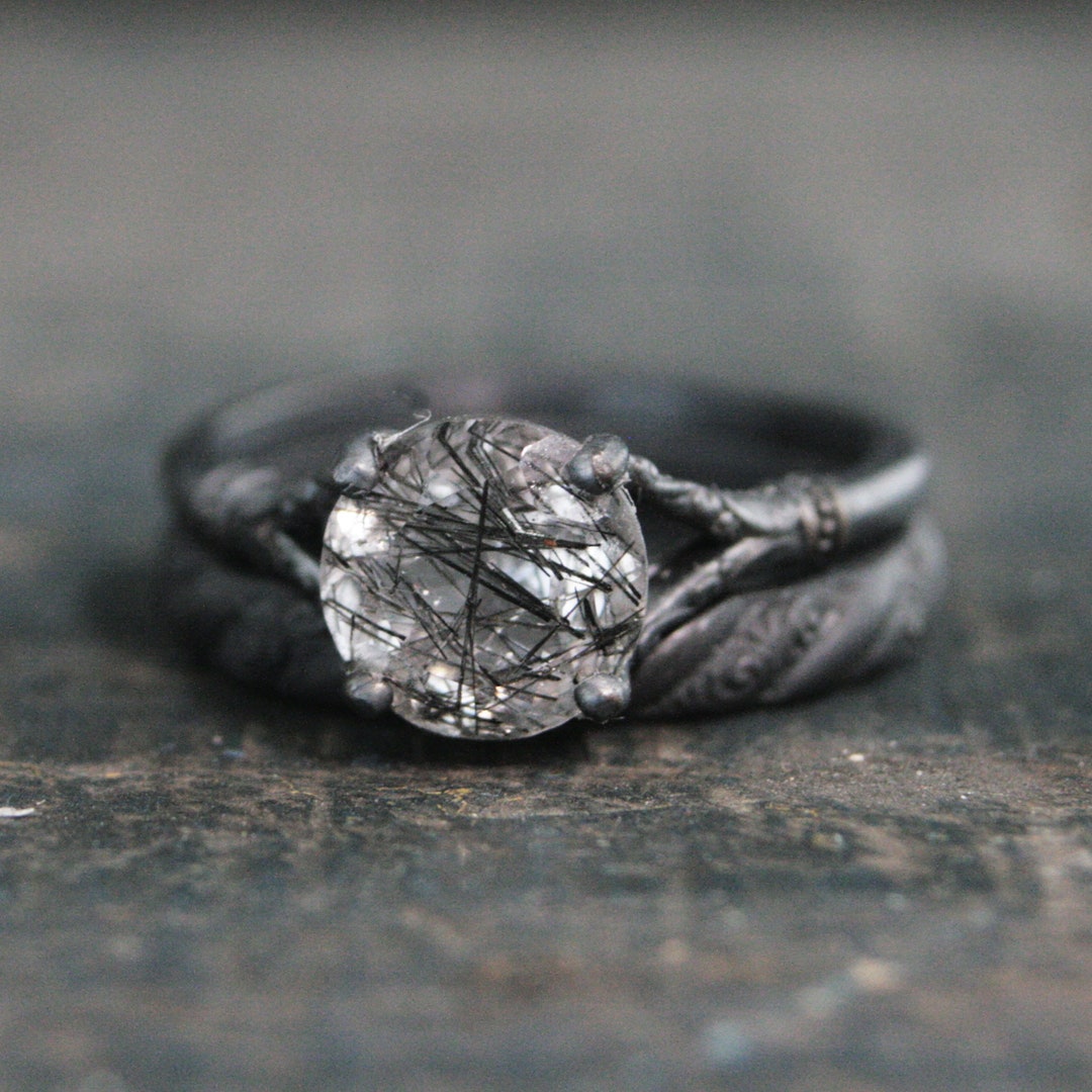 Gothic Elsa SET Black Tourmalinated Quartz Ring and Matching Band Black ...