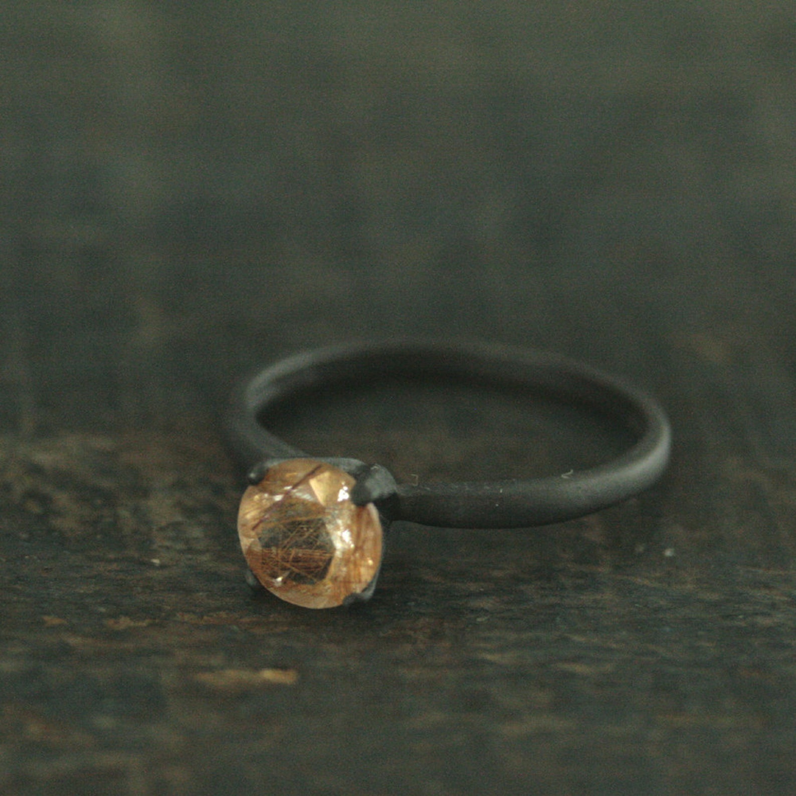 Flat Black Engagement Ring Oxidized Black Ring Copper Rutilated Quartz ...