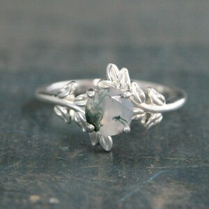 Moss Agate Fern Ring Sterling Silver 6mm Facetted Moss Agate Leaf Ring Vine Unique Elven Ring ...