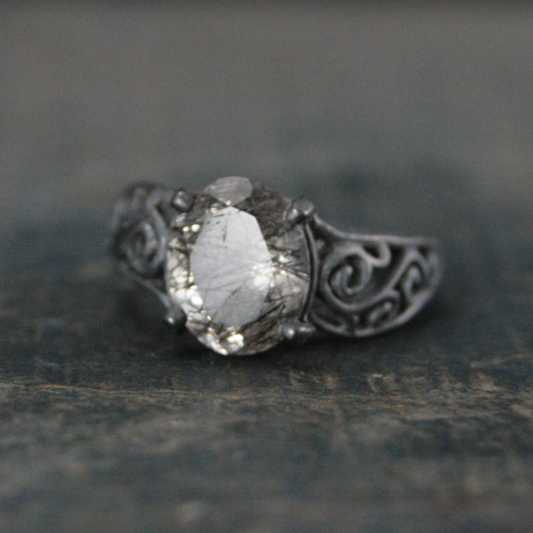 Rutilated Quartz Ring Oval Bypass Ring Black Silver Ring Black Filigree ...