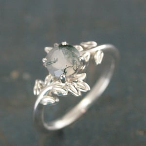 Moss Agate Fern Ring Sterling Silver 6mm Facetted Moss Agate Leaf Ring Vine Unique Elven Ring ...