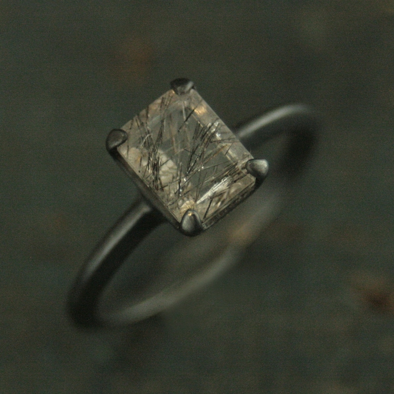 Black Tourmalinated Quartz Ring Emerald Cut Rutilated Quartz Modern ...