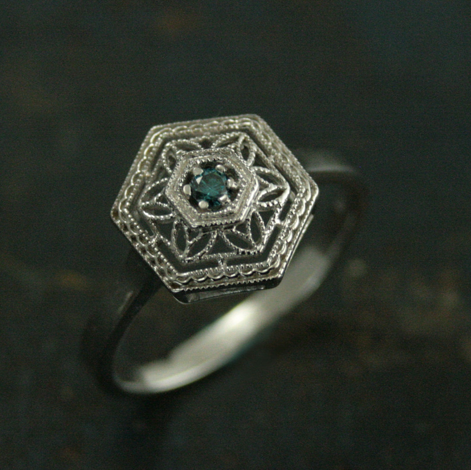 The Frozen Ring--white Gold Blue Diamond Art Deco Ring--teal Blue ...