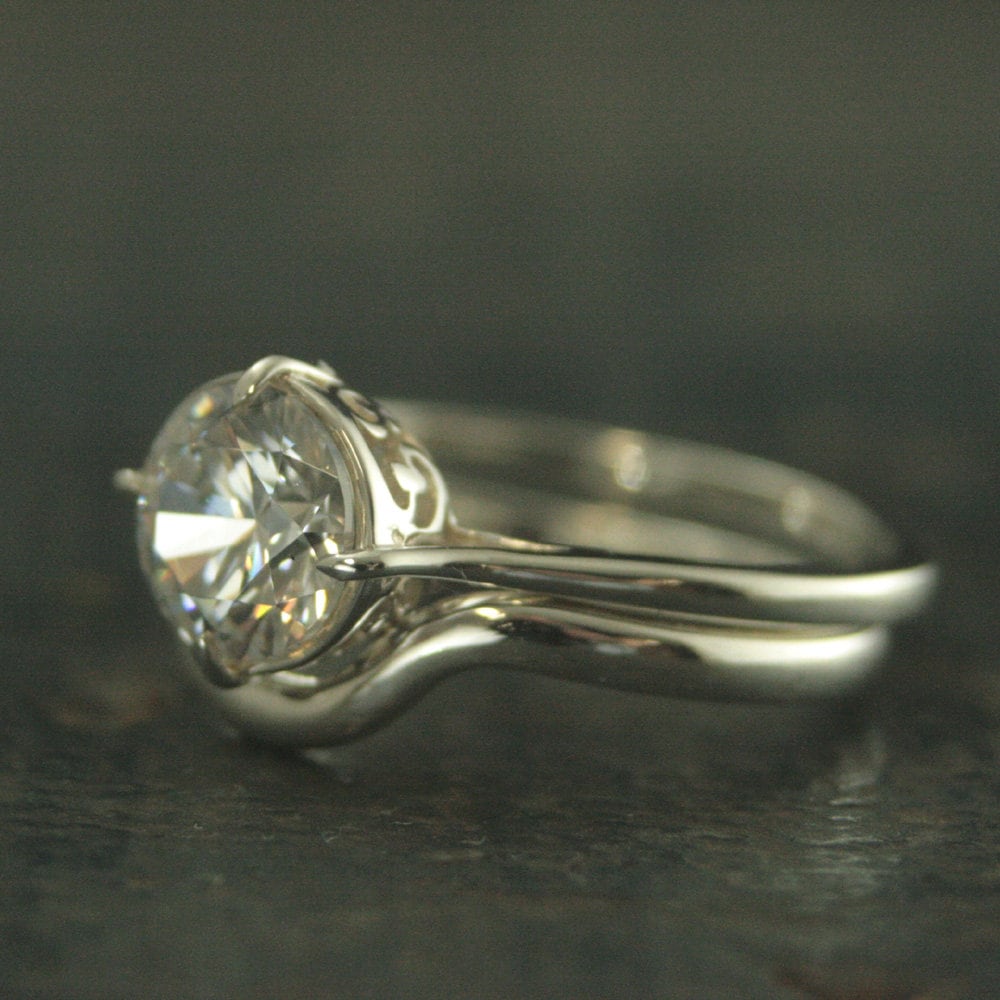 7mm Silver Solitaire Engagement Ring NSEW Setting Matching Band ...