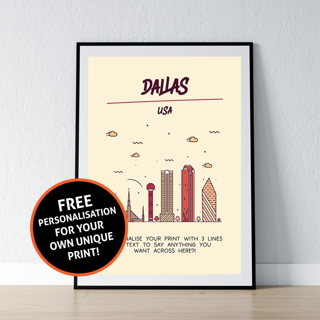 Personalised Dallas Print – Modern Minimal City Skyline Poster, Custom ...