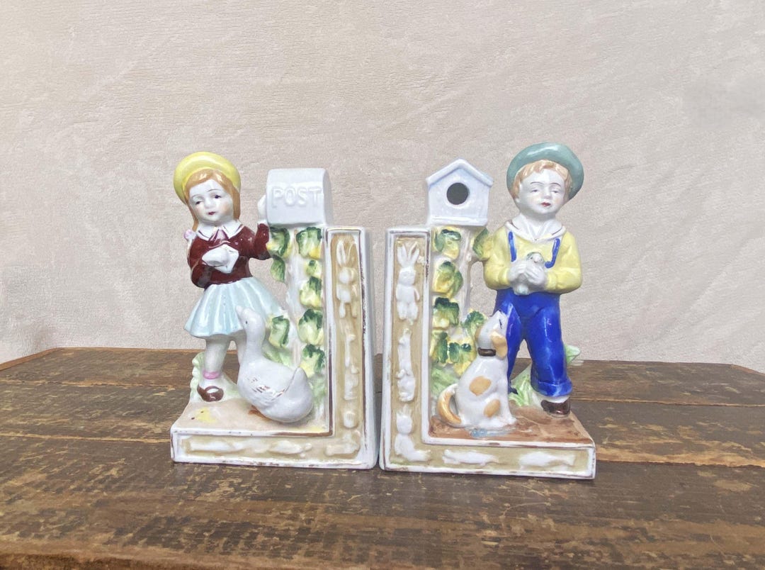 Vintage Bookends, Spring Decor, Boy and Girl With Animals, FREE ...