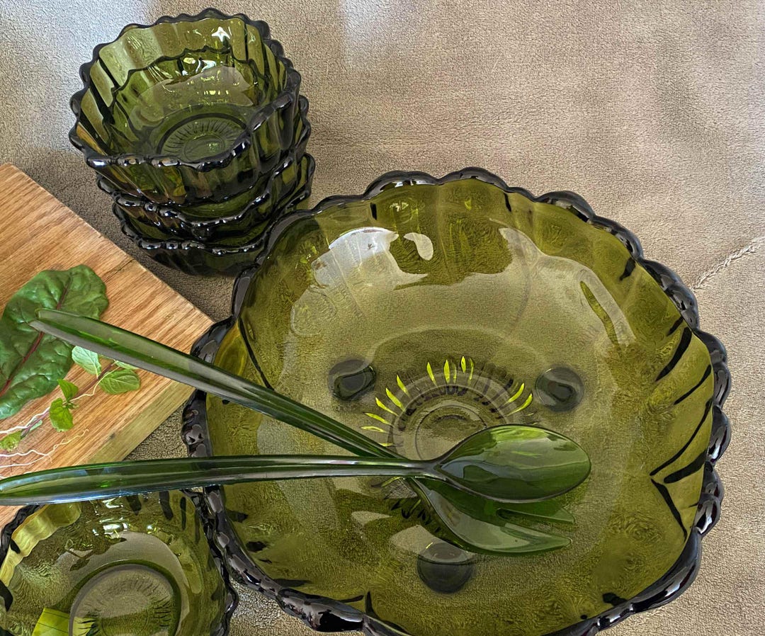 Vintage Green Glass Salad Bowl Set, 9 Piece, Chunky, Free Shipping - Etsy