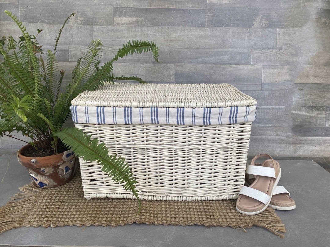 White Wicker Chest Lined With Blue Stripe Ticking, Vintage Furniture ...