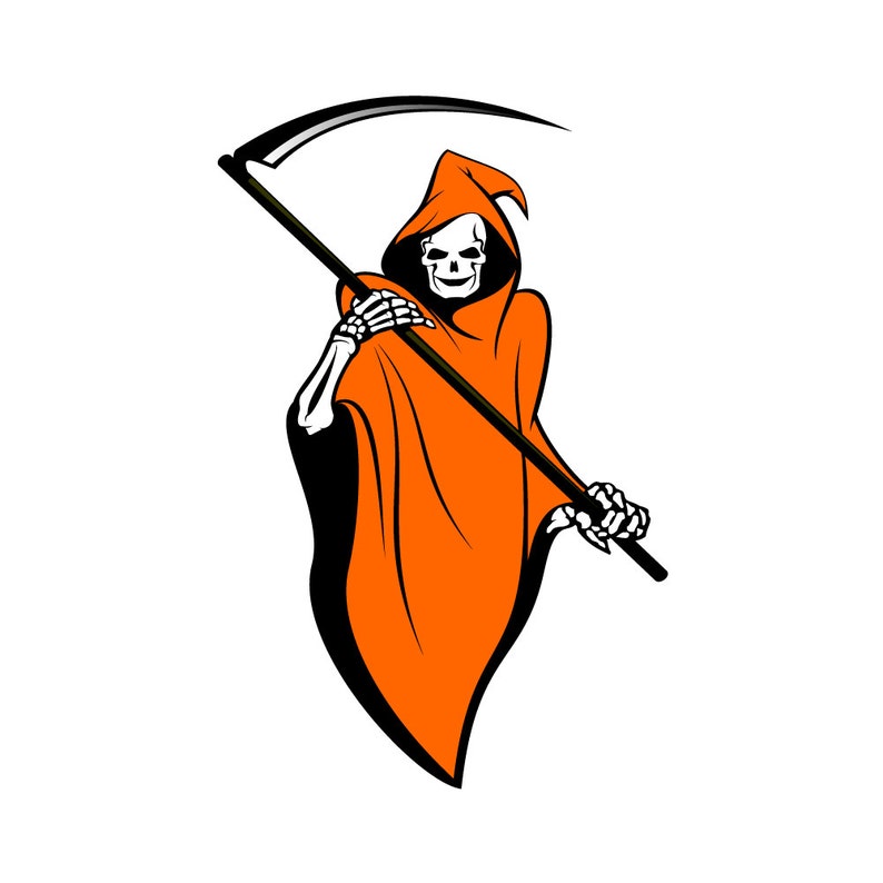 Orange Cloak Grim Reaper Holding Scythe Blade To The Left Full Color