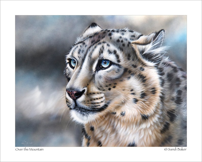 Snow Leopard Art Print over the Mountain © Sandi - Etsy