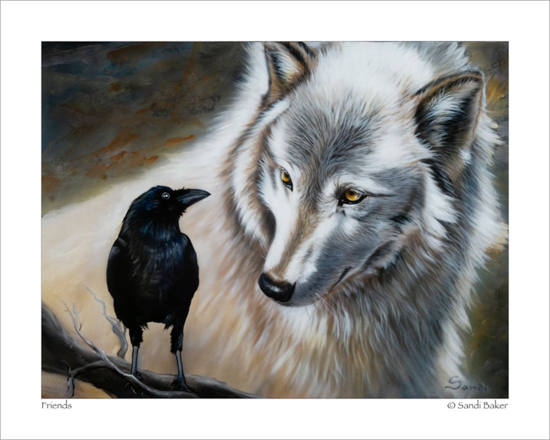 Wolf and Raven Art Print - Friends © Sandi Baker - Etsy
