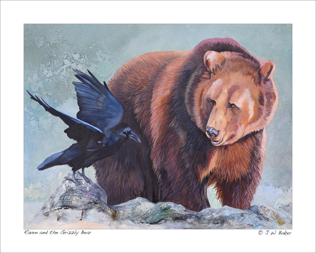 Raven and Grizzly Bear Art Print: Wildlife Illustration by J W Baker - Etsy