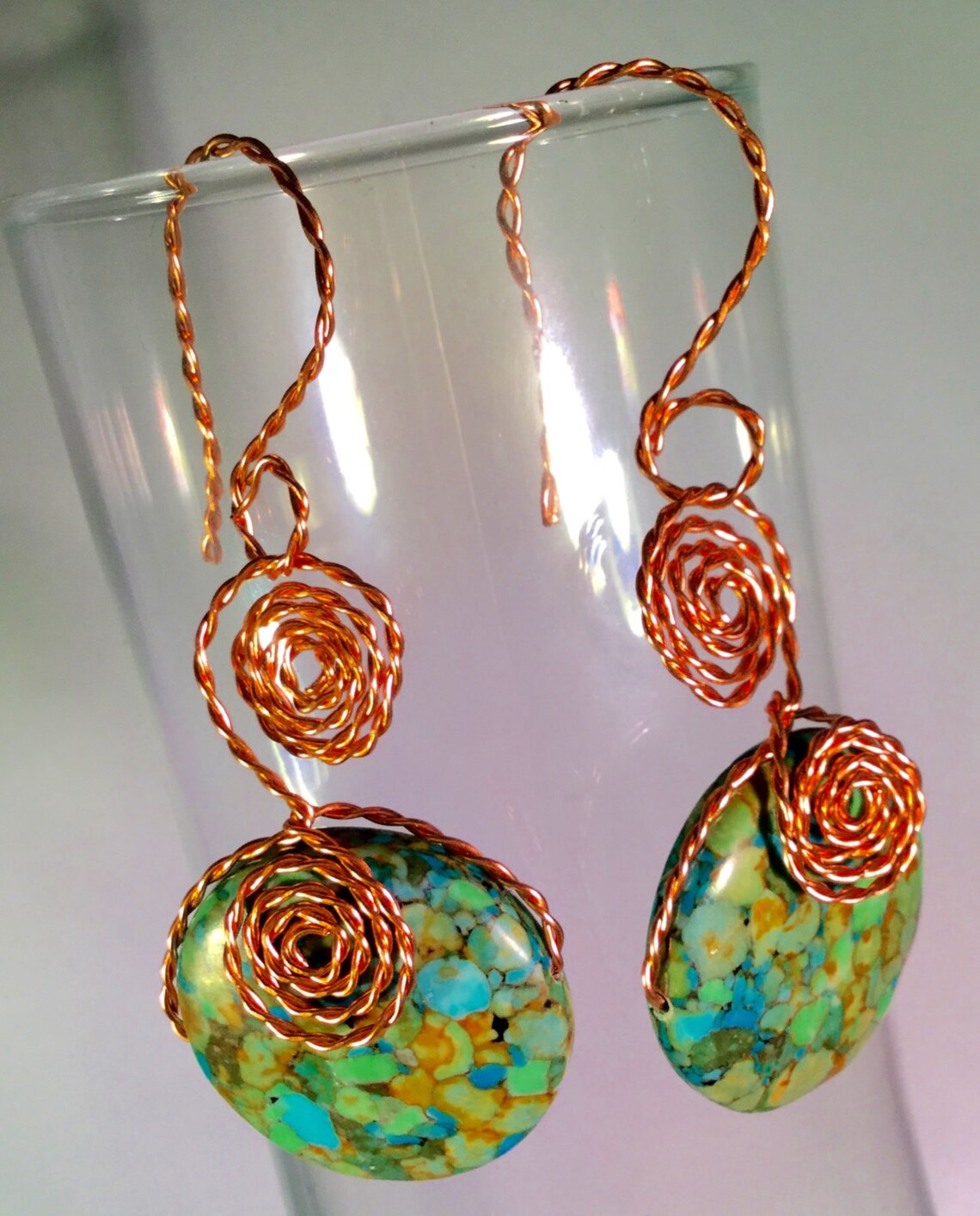 Twisted Copper Wire Coiled Earrings. Holding 1" Wide Lentil Shape Stone ...