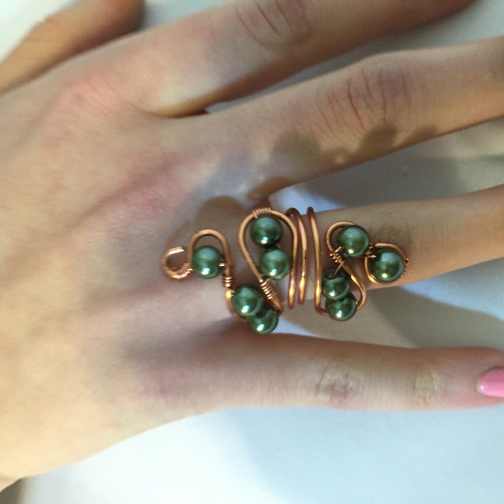 Serpentine, Adjustable 6 1/2 Inches Copper Coiled Ring, Embellished With Green Czech Glass ...