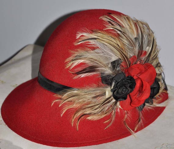Vintage Red Feather Hat, Vintage Red Wool Hat, Red Vi… - Gem