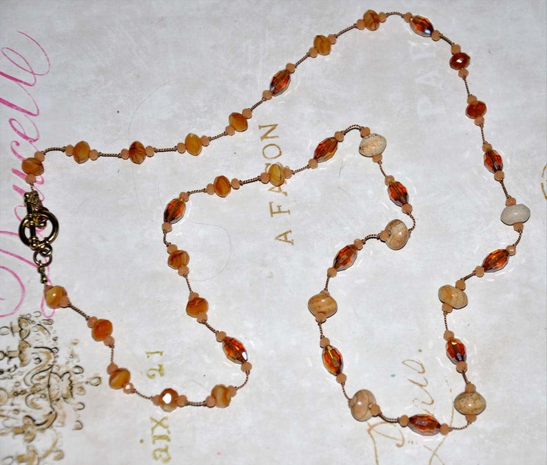 Hand Knotted Necklace Tan and Gold Beaded Necklace Boho | Etsy