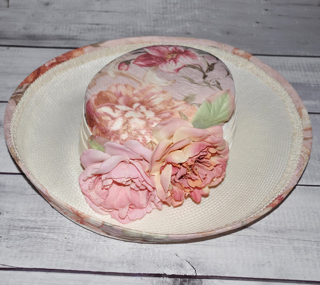 Whittall Shon Cream Wide Brimmed Straw Hat With A Gorgeous Pink & White ...