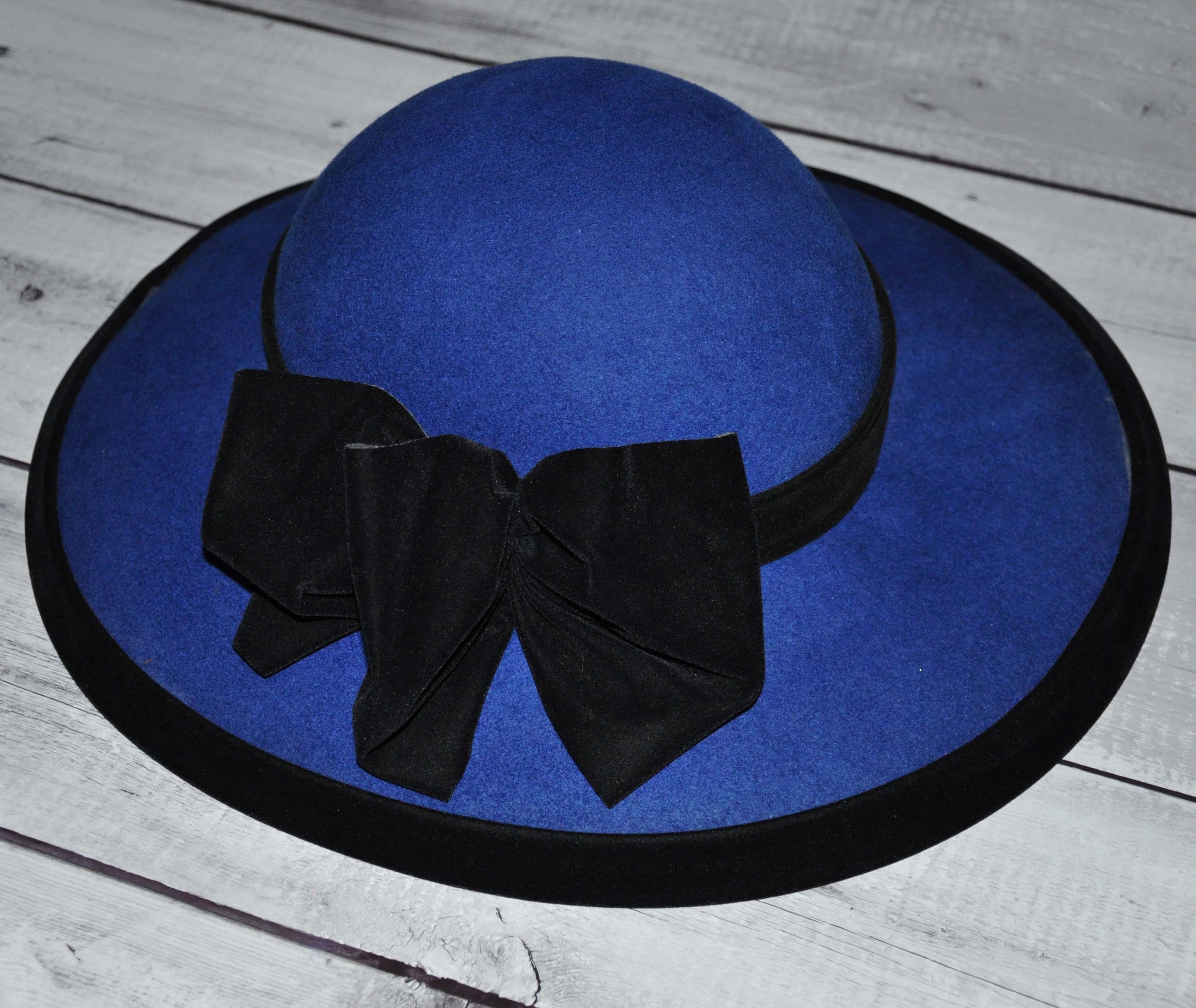 Vintage Royal Blue Wide Brim Hat With Black Velvet Ribbon & Front Black ...
