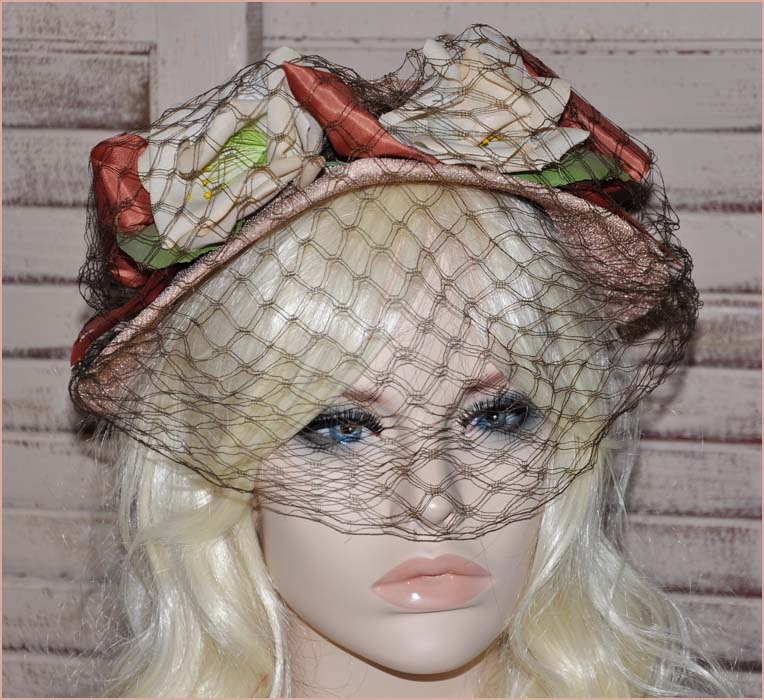 Caramel Open Top Hat, Cream Flower Hat, Tan Flower Veil Hat, Flower ...