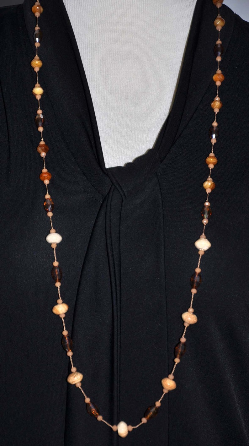Hand Knotted Necklace Tan and Gold Beaded Necklace Boho | Etsy
