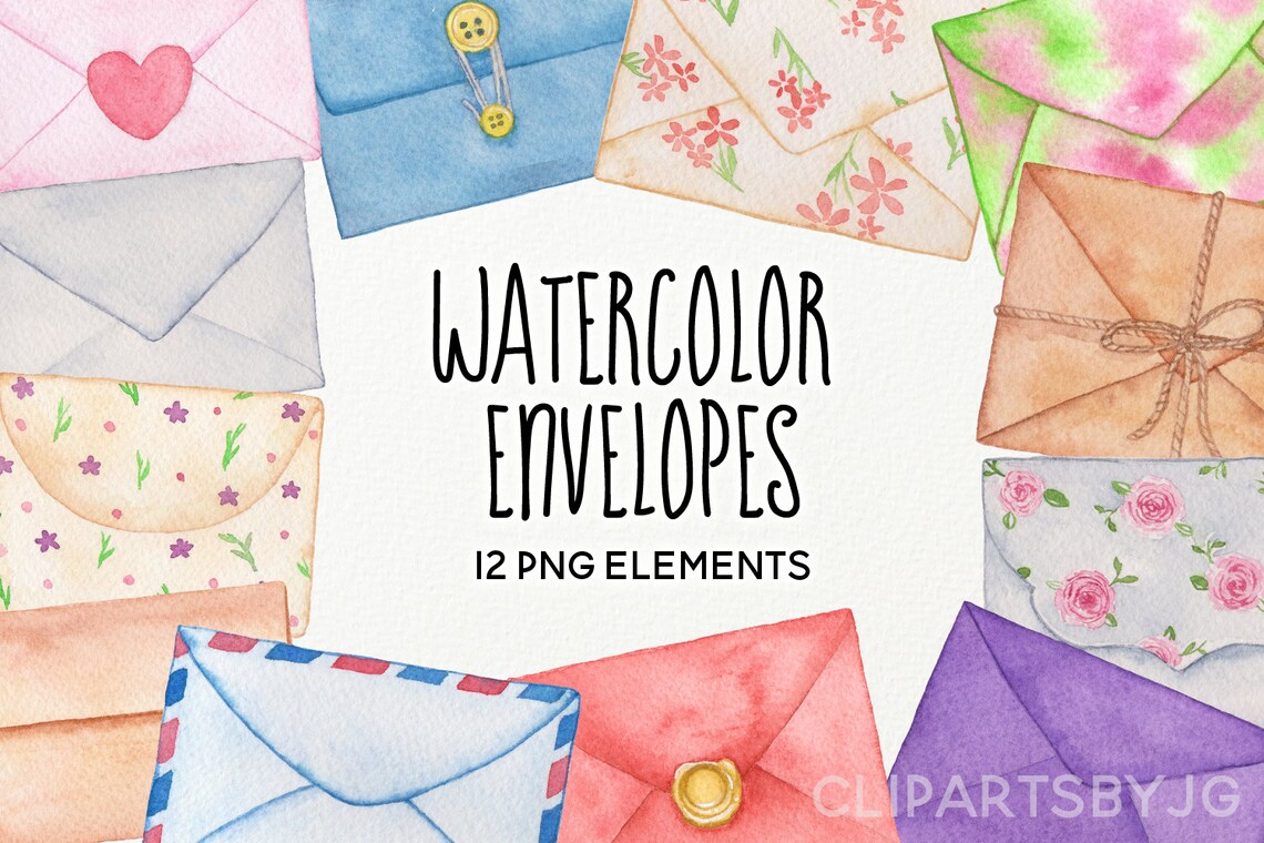 Watercolor Envelopes Clip Art, Envelope Digital Download, Heart ...