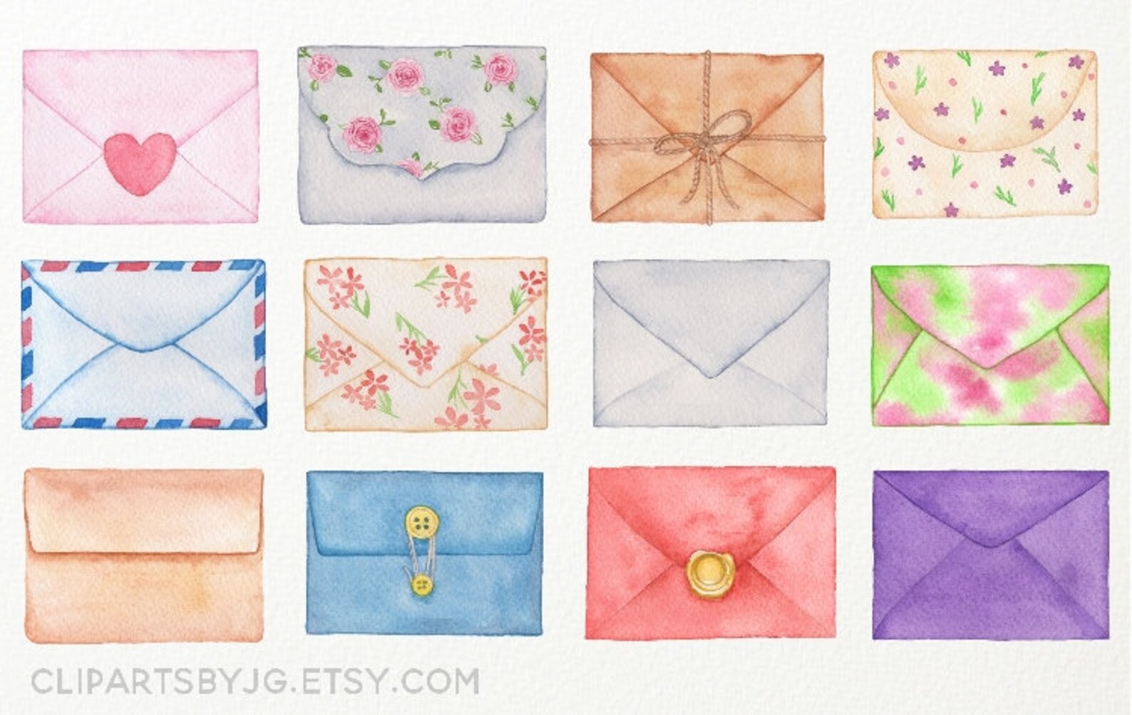 Watercolor Envelopes Clip Art, Envelope Digital Download, Heart ...