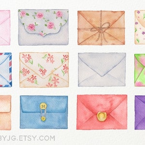 Watercolor Envelopes Clip Art, Envelope Digital Download, Heart ...