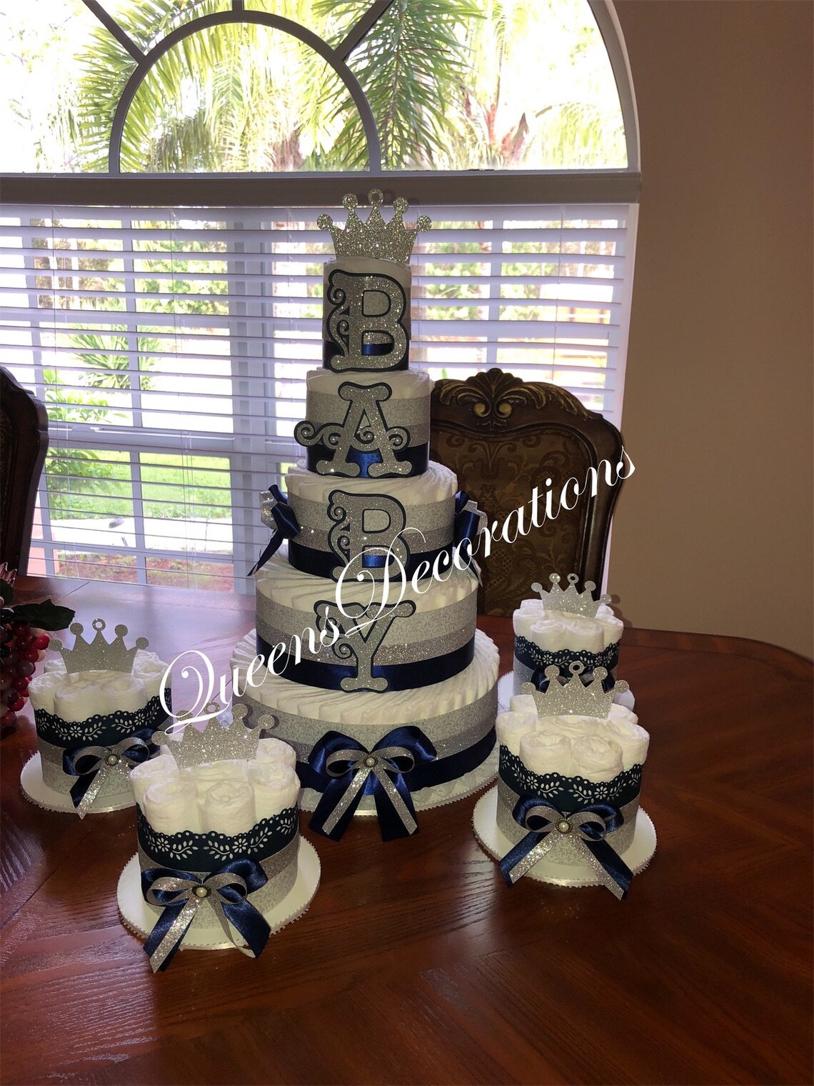 5 Tier Diapers Cake/ Navy Blue and Silver Diaper Cake / Unique | Etsy