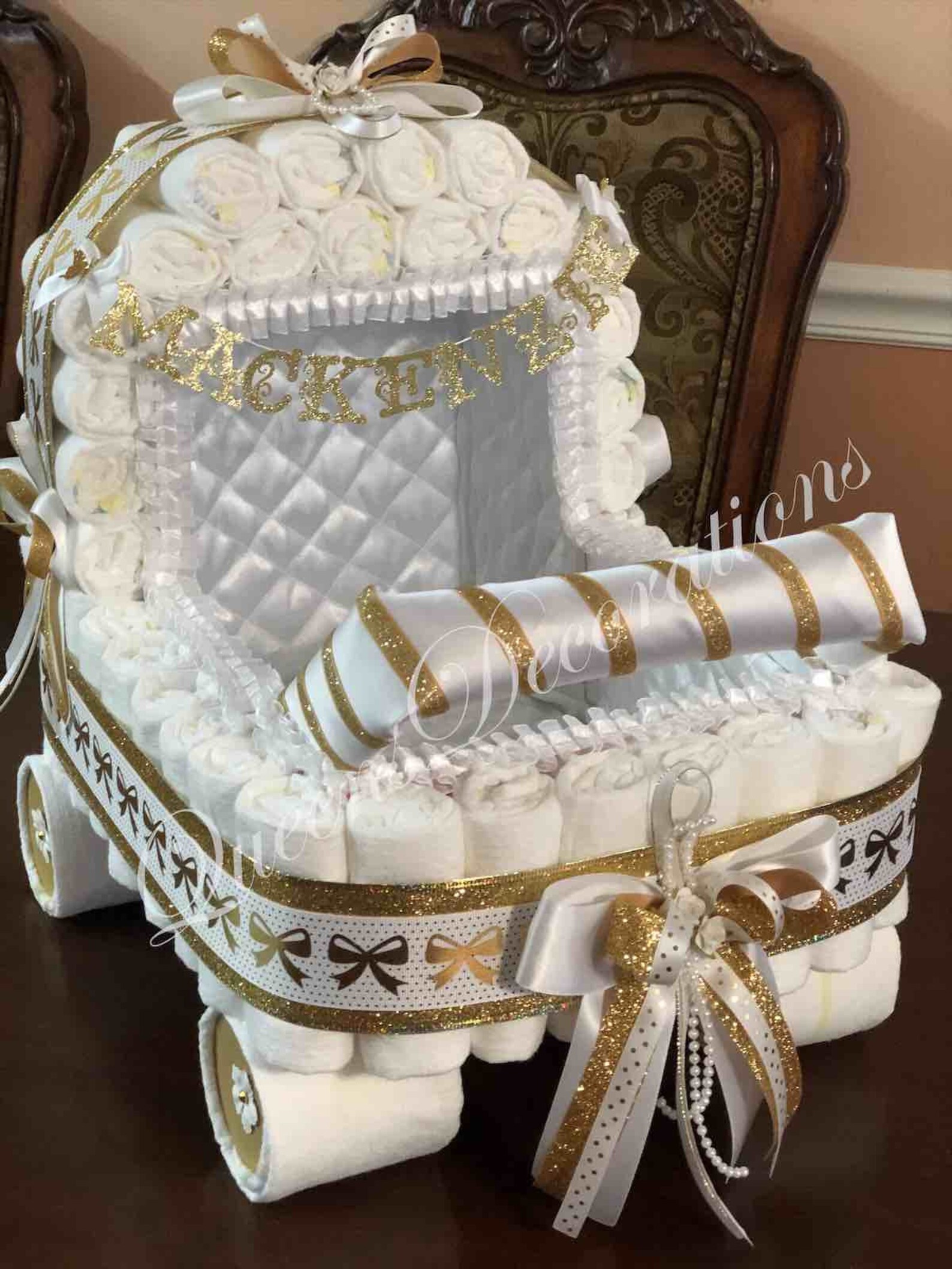 Elegant White and Gold Diaper Stroller/ Beautiful Baby Shower Gift ...