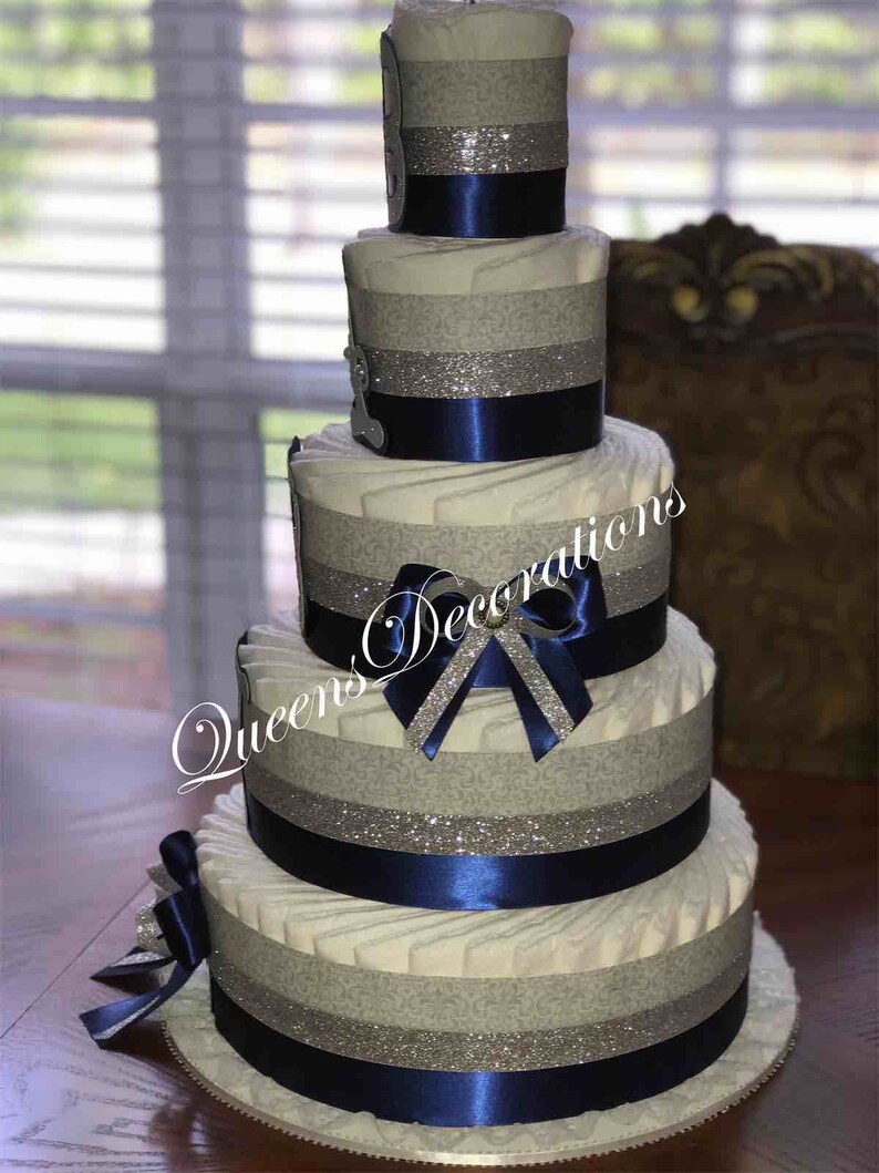 5 Tier Diapers Cake/ Navy Blue and Silver Diaper Cake / Unique | Etsy