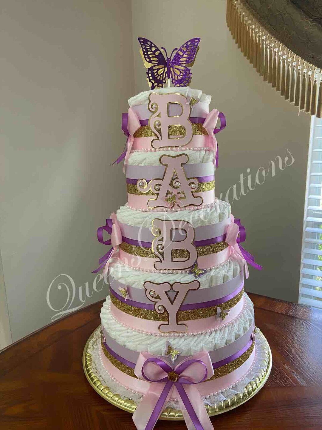 5 Tier Diaper Cake/ Elegant Diaper Cake/ Pink Purple and Gold Diaper ...