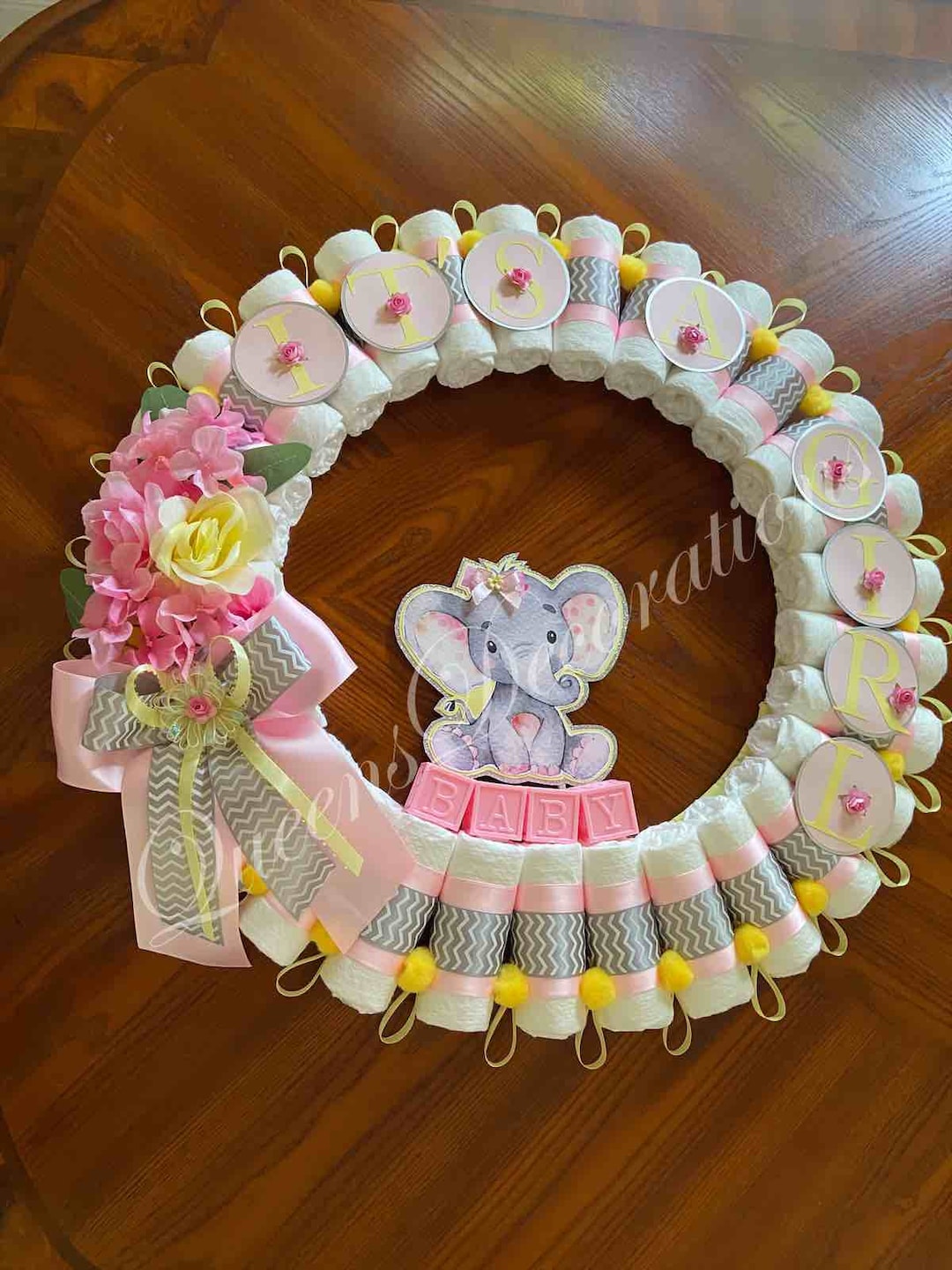 Diaper Wreath/ Girl Baby Shower or Nursery Room Decor/ Pink, Yellow and ...