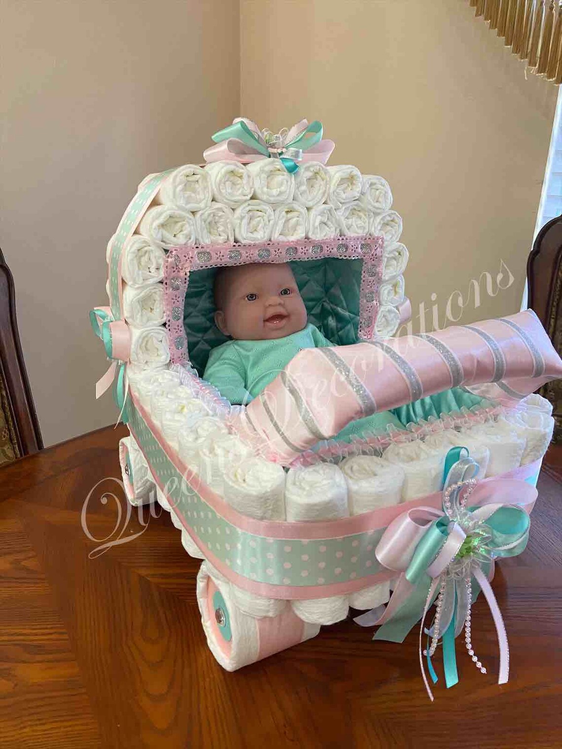 Elegant Diaper Stroller/ Mint Green and Pink Diaper Stroller/ | Etsy