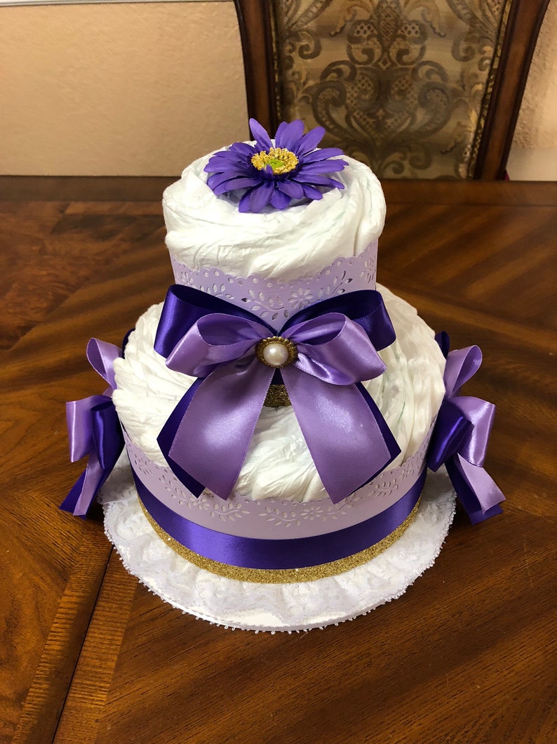 Purple and Gold Diaper Cake/ Cute Girl Diaper Cake/ 2 Tier Diaper Cake ...