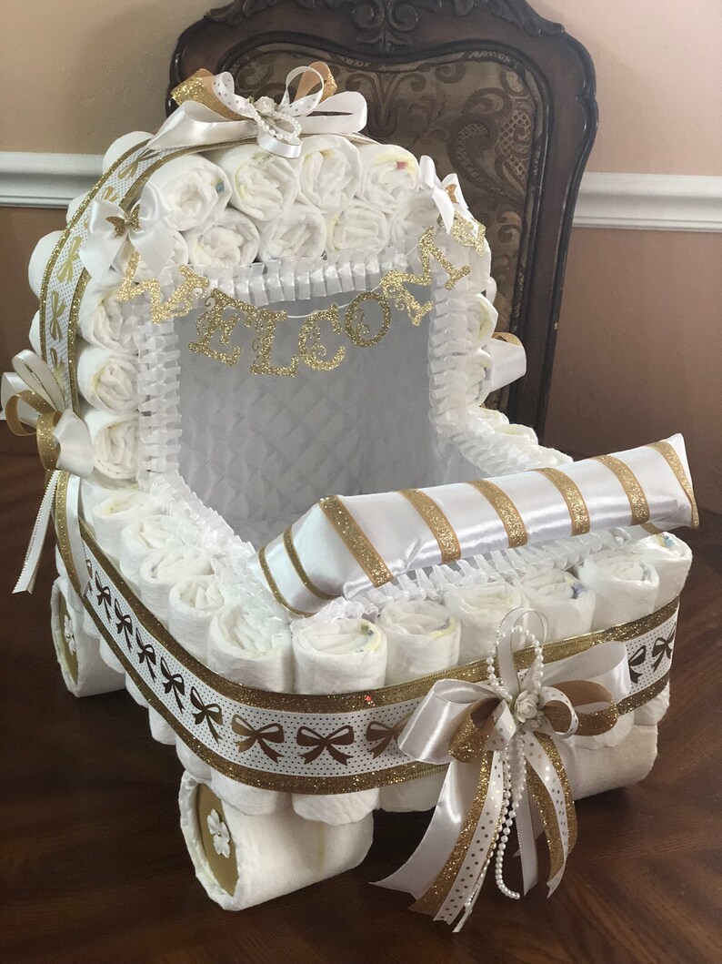Elegant White and Gold Diaper Stroller/ Beautiful Baby Shower Gift ...